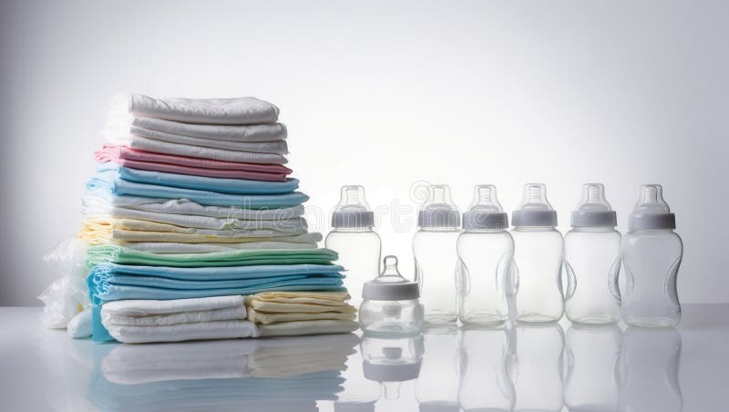 Stack of Baby Diapers and Bottles on White Background Stock ...