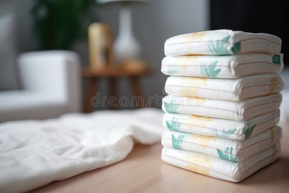 Stack of Baby Diapers Next To a Pack of Maternity Pads Stock Photo ...