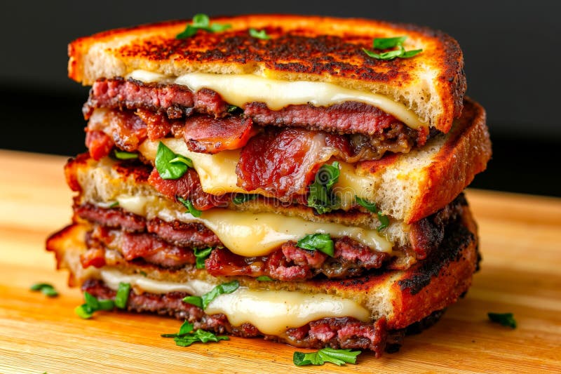 A Stack of Bacon and Cheese Sandwiches on a Wooden Cutting Board Stock ...