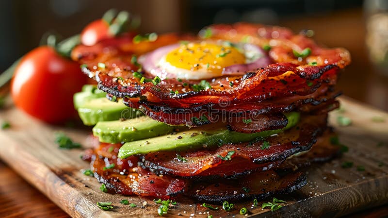 A Stack of Bacon, Egg, and Tomato Sandwiches on a Wooden Table. Stock ...