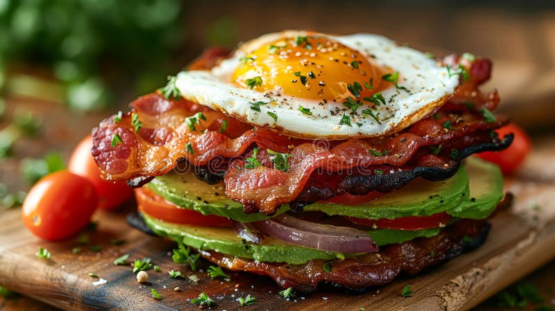 A Stack of Bacon, Egg, and Tomato Sandwiches on a Wooden Table. Stock ...
