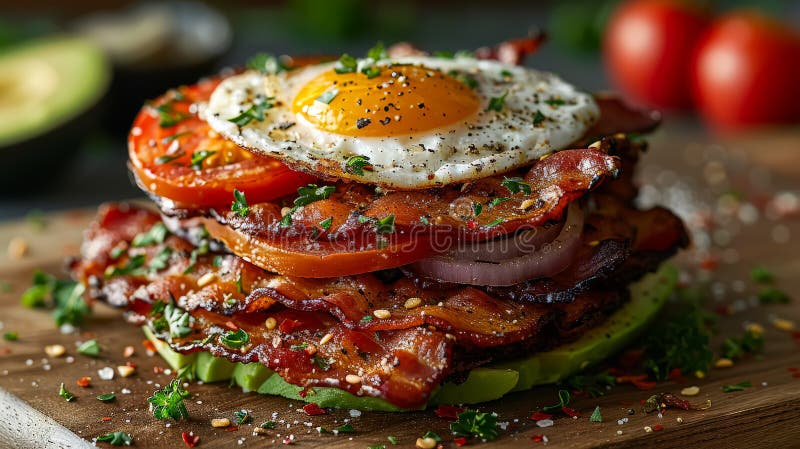 A Stack of Bacon, Egg, and Tomato Sandwiches on a Wooden Table. Stock ...