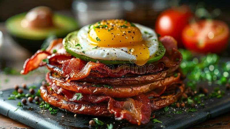 A Stack of Bacon, Egg, and Tomato Sandwiches on a Wooden Table. Stock ...