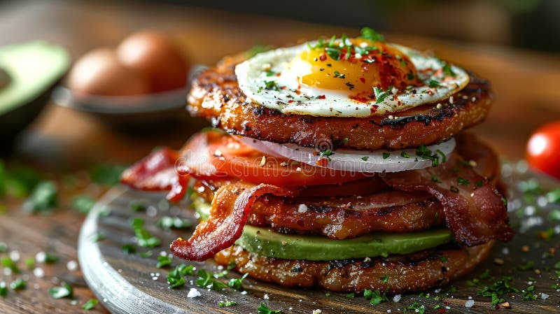 A Stack of Bacon, Egg, and Tomato Sandwiches on a Wooden Table Stock ...