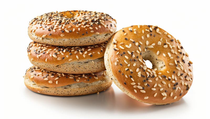 A Stack of Bagels with Sesame Seeds on Them on a White Background ...