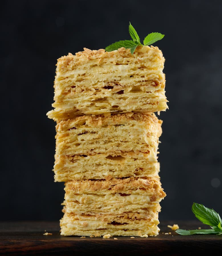 A Stack of Baked Napoleon Pie Slices with Cream. Puff Pastry, Delicious ...