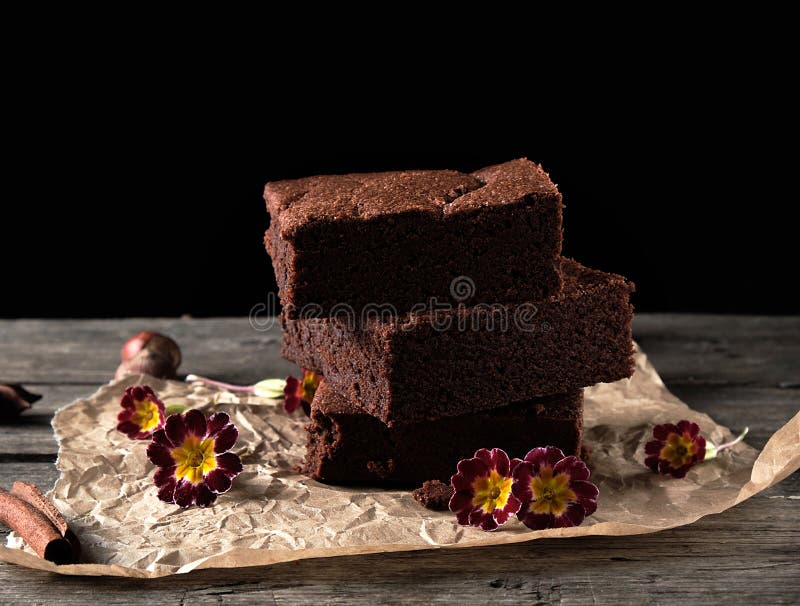 Stack of Baked Square Pieces of Chocolate Brownie Cake Stock Image ...