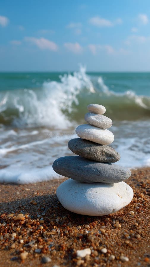 Stack of Balanced Smooth Stones on a Sandy Beach with Ocean Waves in ...