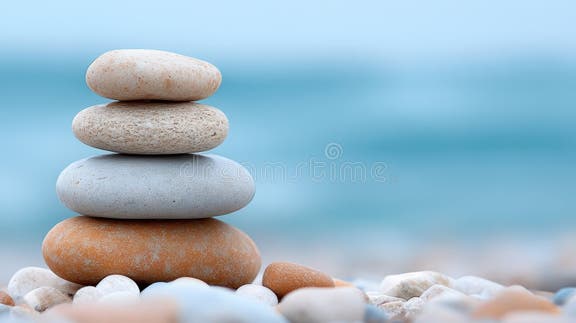 Stack of Balancing Pebbles on Beach with Ocean Background Representing ...