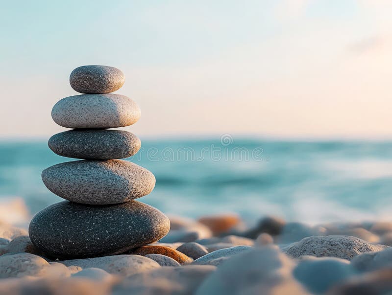 Stack of Balancing Pebbles on Beach at Sunset Creating Harmony and ...