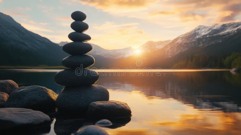 Stack of Balancing Zen Stones Near Peaceful Mountain Lake Digital Stock ...