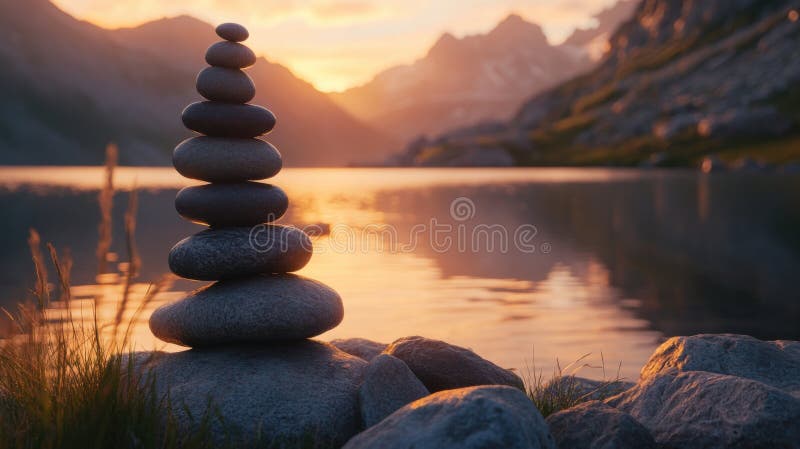 Stack of Balancing Zen Stones Near Peaceful Mountain Lake Digital Stock ...