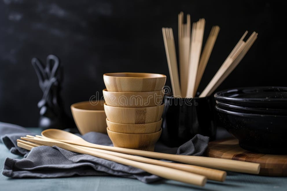 Stack of Bamboo Cooking Utensils with Chopsticks and Spatula Stock ...