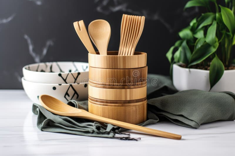Stack of Bamboo Cooking Utensils with Chopsticks and Spatula Stock ...