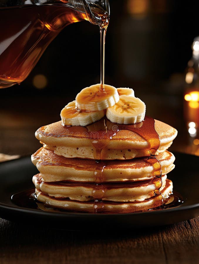 Stack of Banana Pancakes Drizzled with Rich Maple Syrup on Dark Plate ...