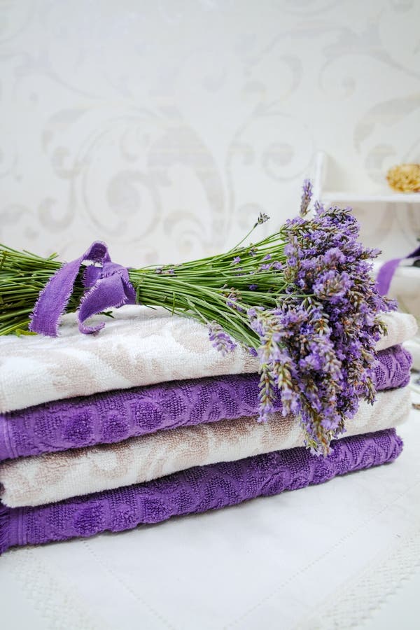 Stack of Bath Towels with Fresh Lavender Flowers Stock Image - Image of ...