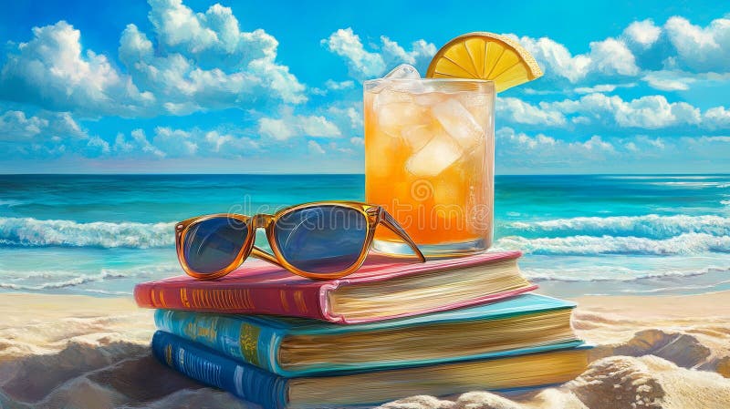 Stack of Beach Books, Sunglasses, and Iced Drink . Stock Photo - Image ...