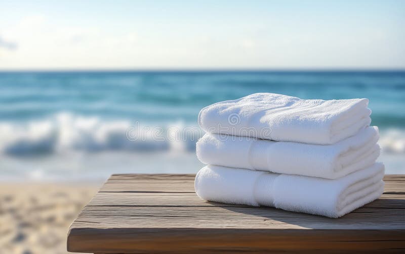 A Stack of Beach Towels on a Table Against a Backdrop of a Sandy Beach ...