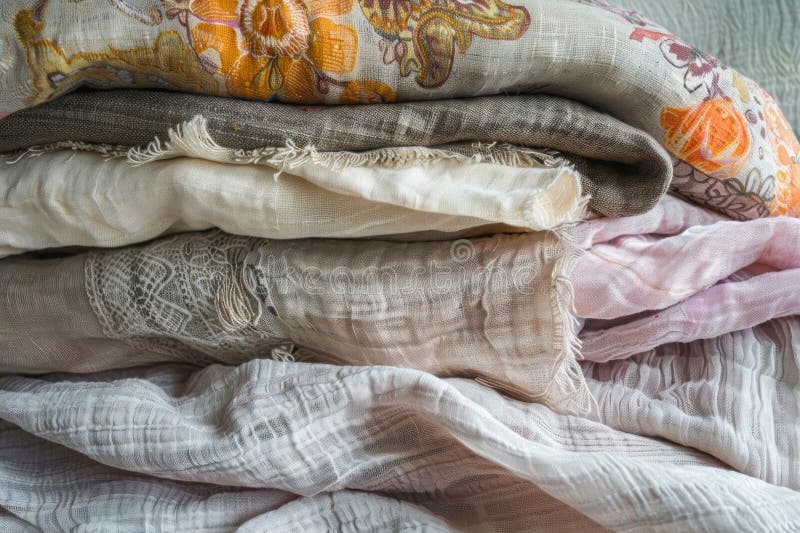 A Stack of Beautifully Folded Fabric Featuring Delicate Patterns and ...
