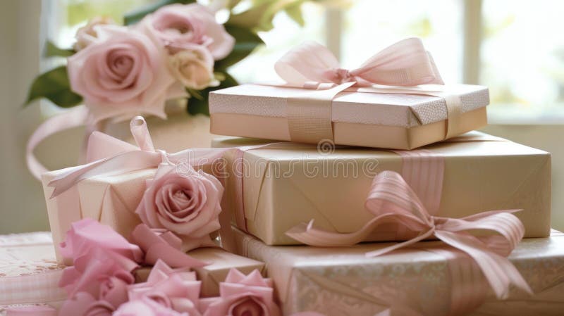 A Stack of Beautifully Wrapped Gift Boxes Adorned with Ribbons and Bows ...