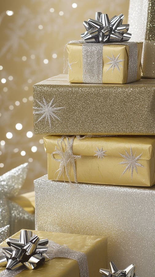 A Stack of Beautifully Wrapped Presents in Shimmering Gold and Silver ...