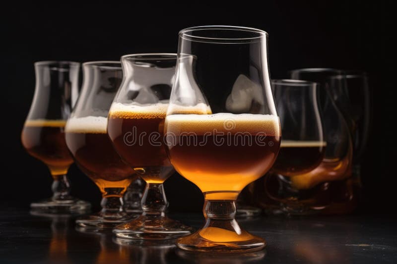 Stack of Beer Glasses with Foamy Head and Rich Amber Liquid Stock ...