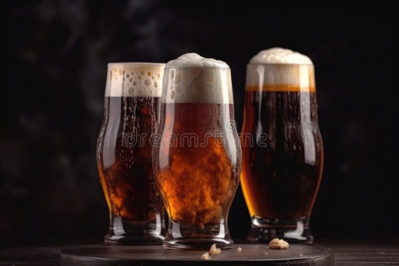 Stack of Beer Glasses with Foamy Head and Rich Amber Liquid Stock ...