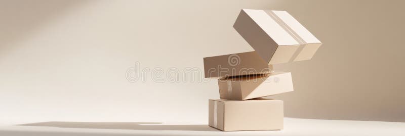 Stack of Beige Boxes Balancing on Beige Background with Sunbeam Stock ...