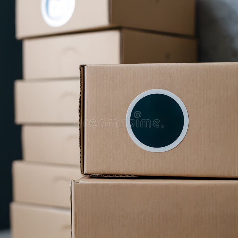 Stack of Beige Boxes with Logo Sticker, Blurred Background Emphasizes ...