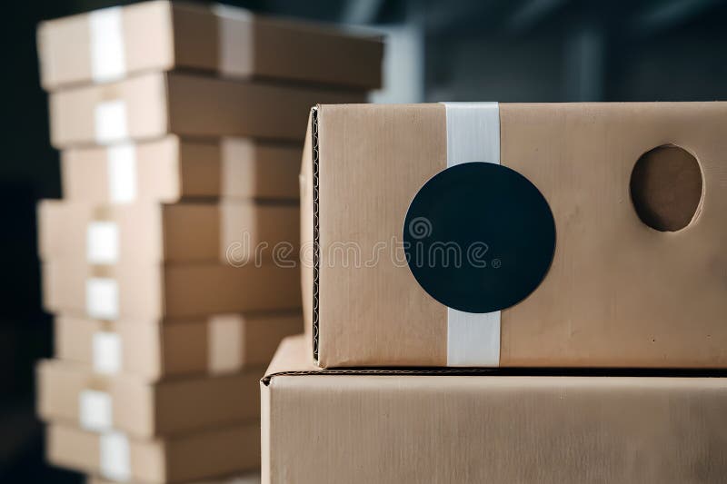 Stack of Beige Boxes with Logo Sticker, Blurred Background Emphasizes ...