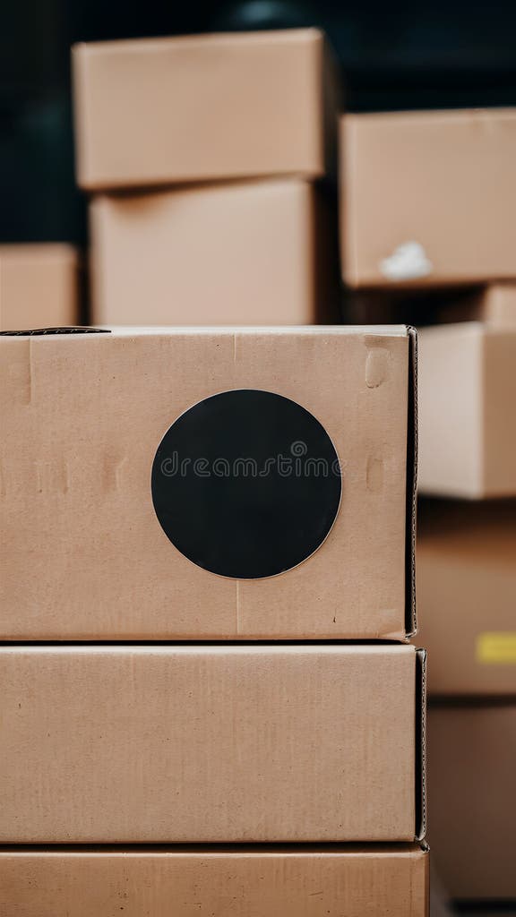 Stack of Beige Boxes with Logo Sticker, Blurred Background Emphasizes ...