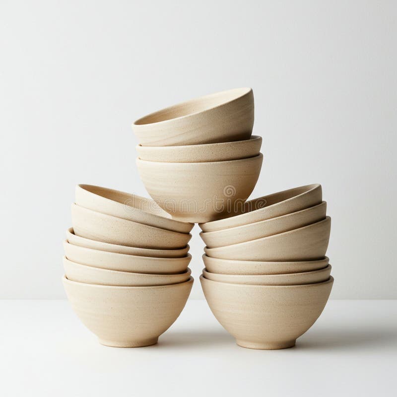 A Stack of 11 Beige Ceramic Bowls Arranged in a Pyramid Shape on a ...