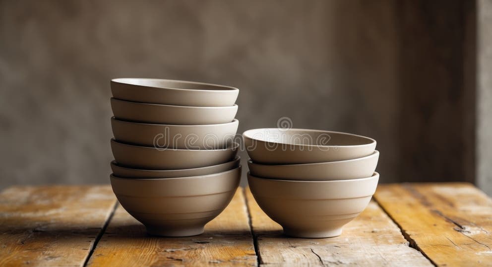 Stack of Beige Ceramic Bowls on Wooden Table Ready for Serving at ...