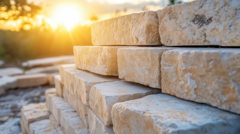 Stack of Beige Concrete Bricks Forming a Wall in Bright Sunlight Stock ...