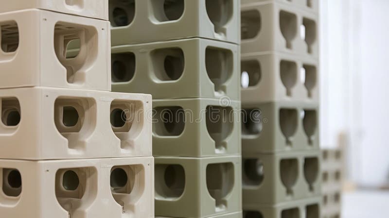 A Stack of Beige and Green Plastic Blocks with Cut-out Designs. Stock ...