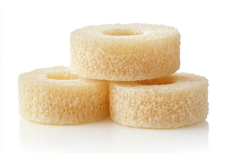 Stack of Beige Porous Ring-shaped Objects on a White Background with ...