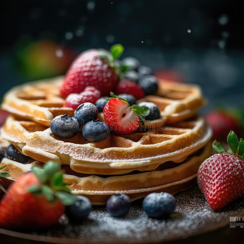 A Stack of Belgian Waffles with Berries (Strawberry, Blueberry), on a ...