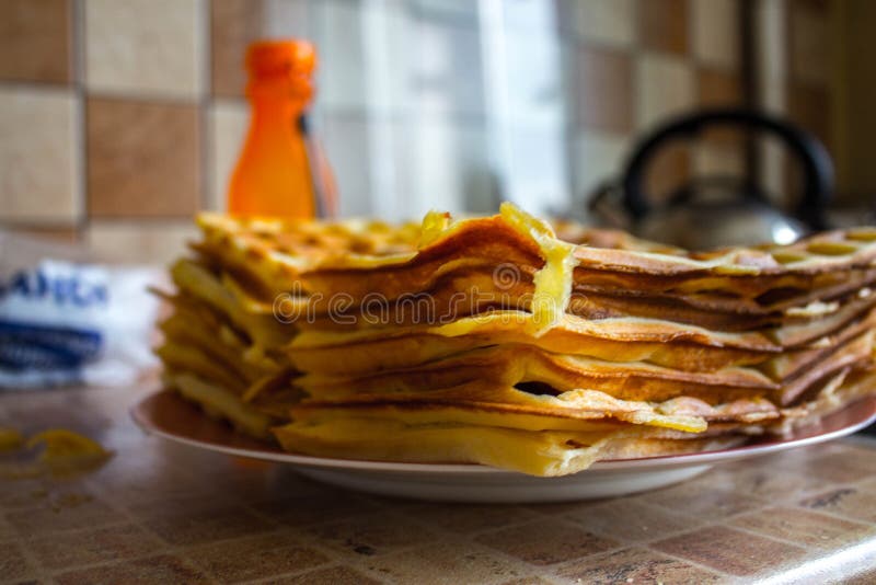 A Stack Belgian Waffles on a Plate Stock Image - Image of morning ...