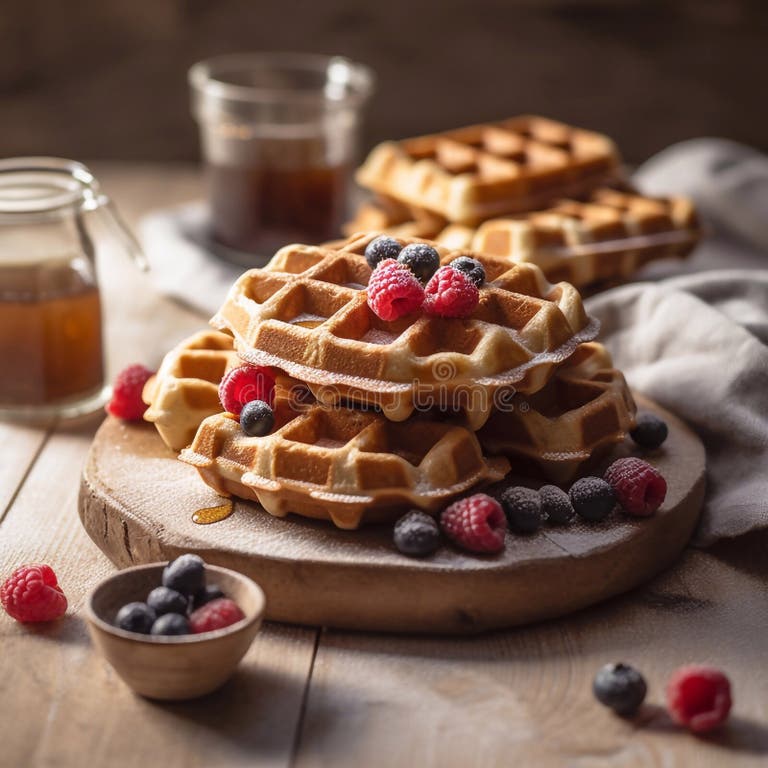 Stack of Belgian Waffles with Syrup, for Breakfast Stock Illustration ...