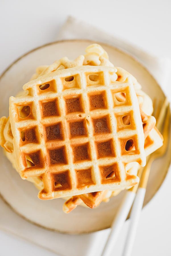 Stack of Belgian Waffles on White Table. Top View Stock Image - Image ...