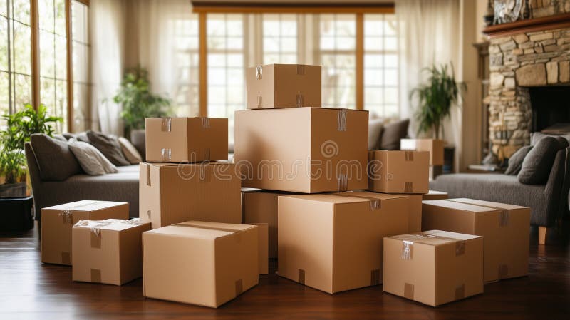 Stack of Big Boxes in the almost Empty Living Room, House Moving ...