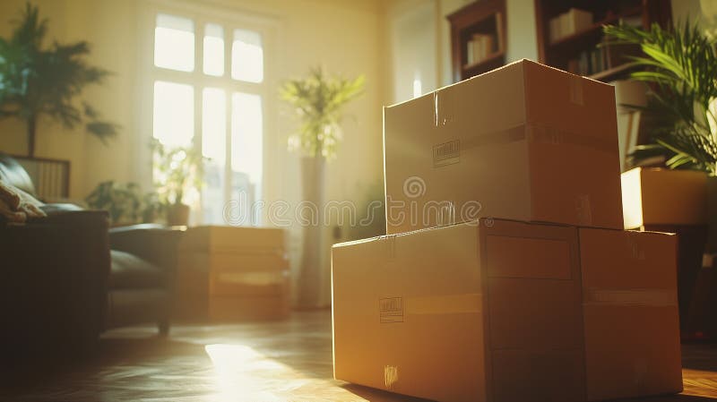 Stack of Big Boxes in the almost Empty Living Room, House Moving ...