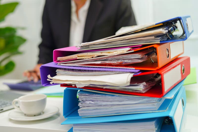 Stack of Binder File Folder on Table in Business Modern Office..on ...