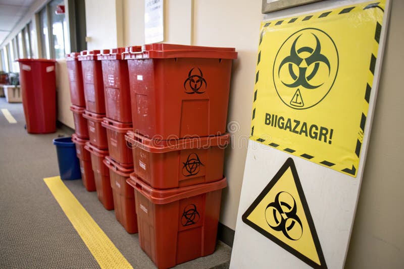 Stack of Biological Biohazard Infected Red Bins. Sign Showing the ...