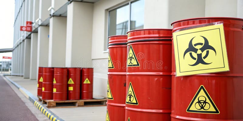 Stack of Biological Biohazard Infected Red Bins. Sign Showing the ...
