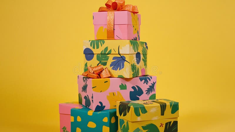 A Stack of Birthday Presents with Cheerful Wrapping Paper and Bows ...