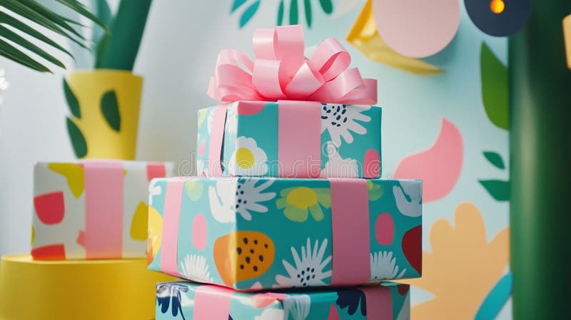 A Stack of Birthday Presents with Cheerful Wrapping Paper and Bows ...