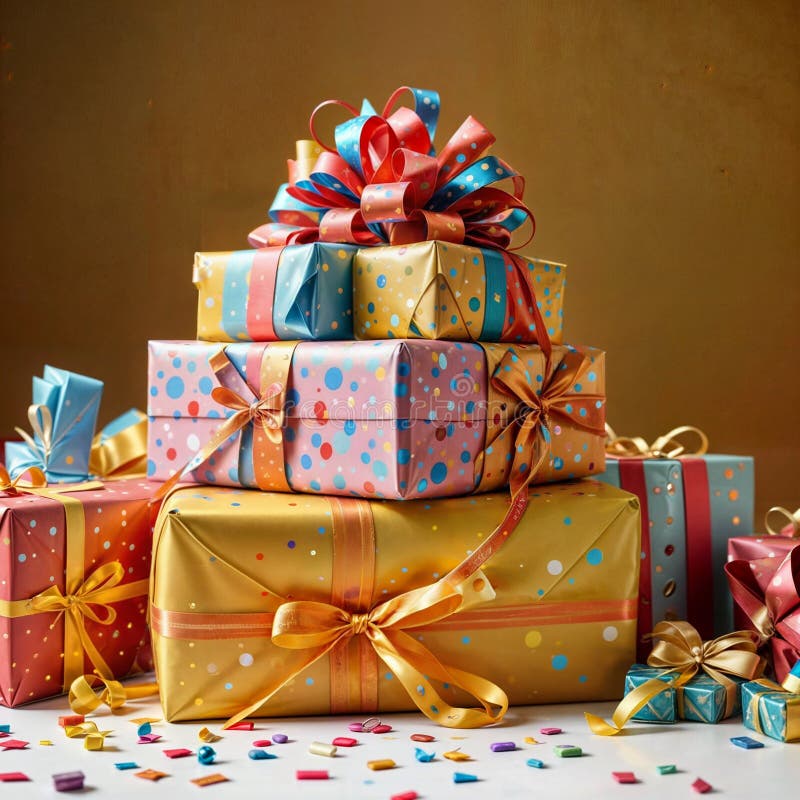 A Stack of Birthday Presents Tied with Bows in Bright Wrapping Paper ...