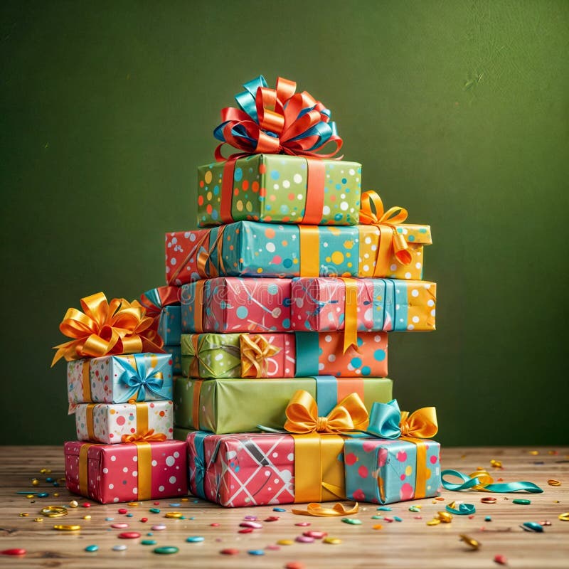 A Stack of Birthday Presents Tied with Bows in Bright Wrapping Paper ...