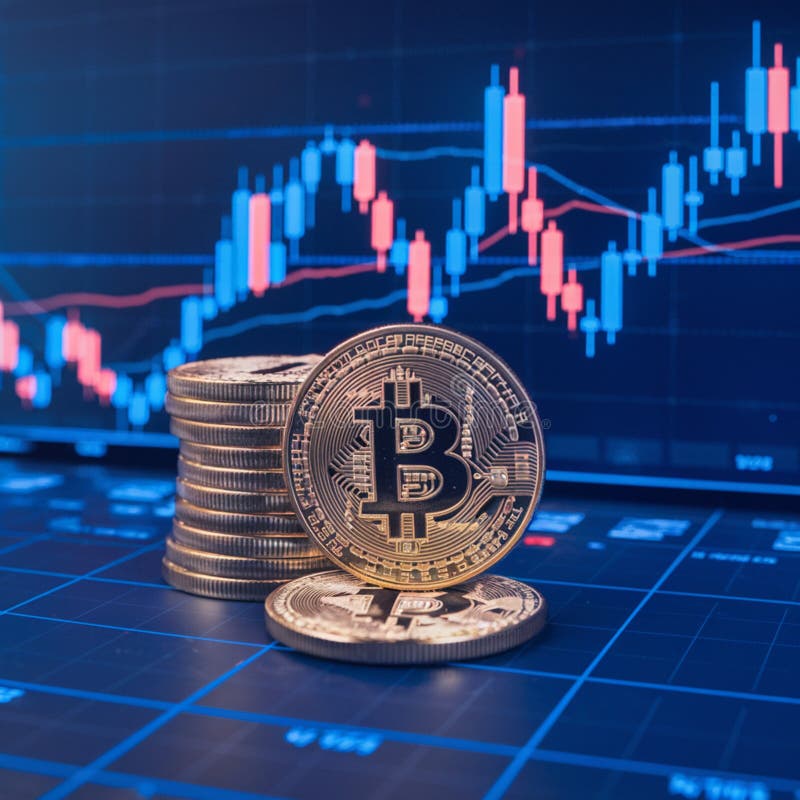 Stack of Bitcoin Coins with Blue Red Candlestick Chart in Digital ...